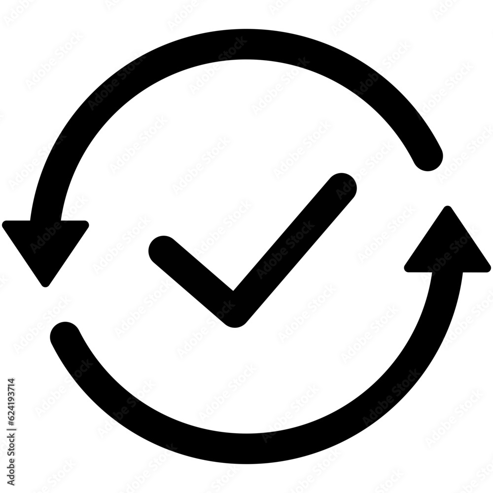 Black single round checking process sync approved icon, simple turning arrows syncing flat ...