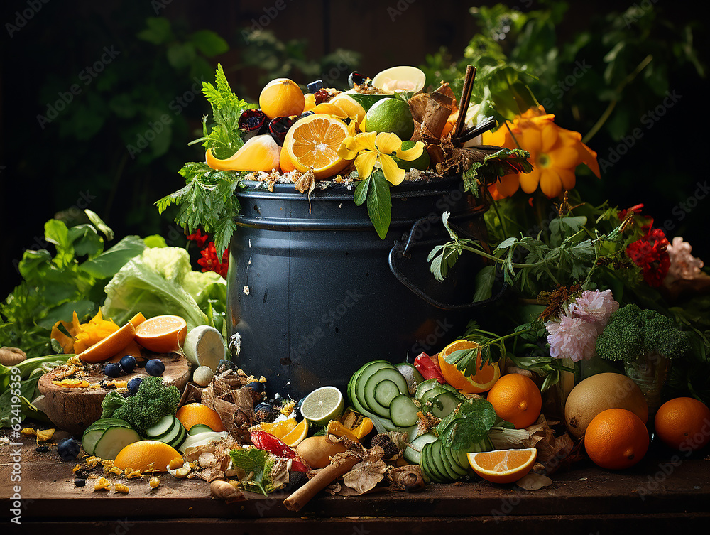 Compostaggio: cumulo di compost o il bidone del compost, insieme alla ...