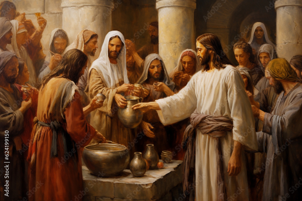 Jesus Christ turns water into wine. Religion Bible. History. During a ...