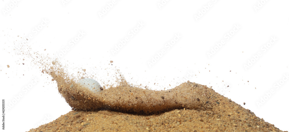 Golf ball explode from sand bunker. Golfer hit ball with club to sand ...
