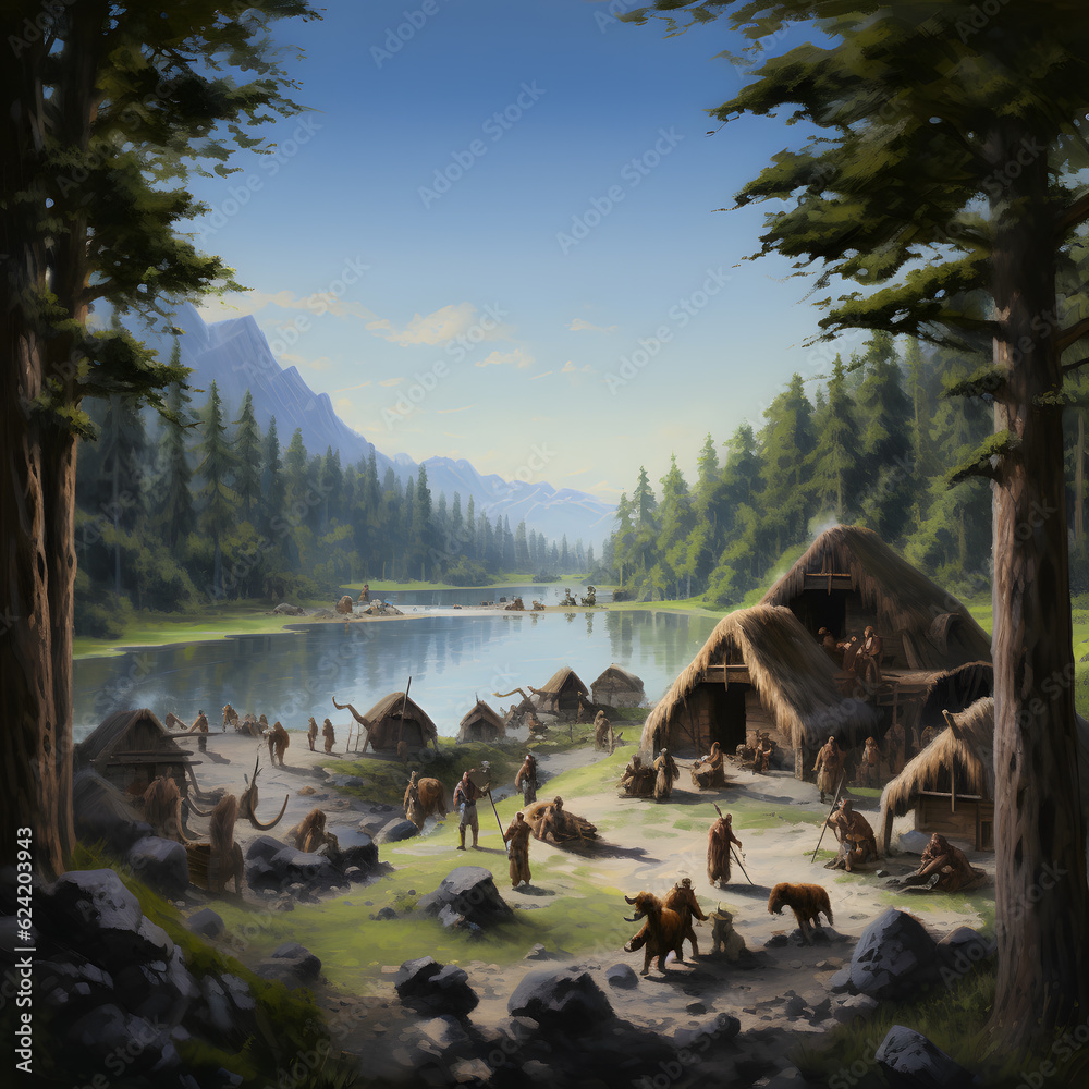 Neanderthal extended family next to thatched huts and lake and forest ...