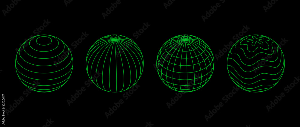 Neon green wireframe spheres collection. 3d outline globes with ...