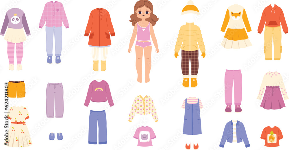Kid paper doll with dress. Cut baby girl, cartoon clothes. Dress-up ... Kid paper doll with dress. Cut baby girl, cartoon clothes. Dress-up ...