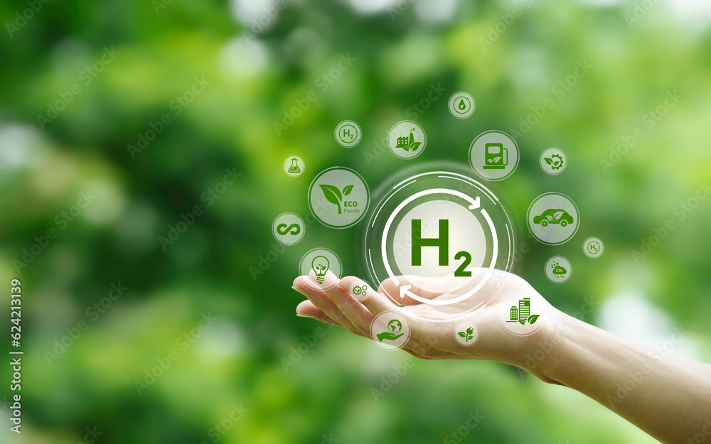 Icon of clean hydrogen energy concept and H2 in Hand for Sustainable ...