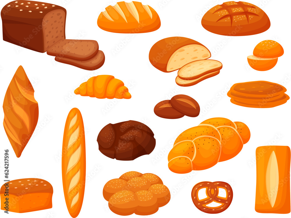 Cartoon bread set. Isolated ciabatta, buns and breads loaf. Snack ...