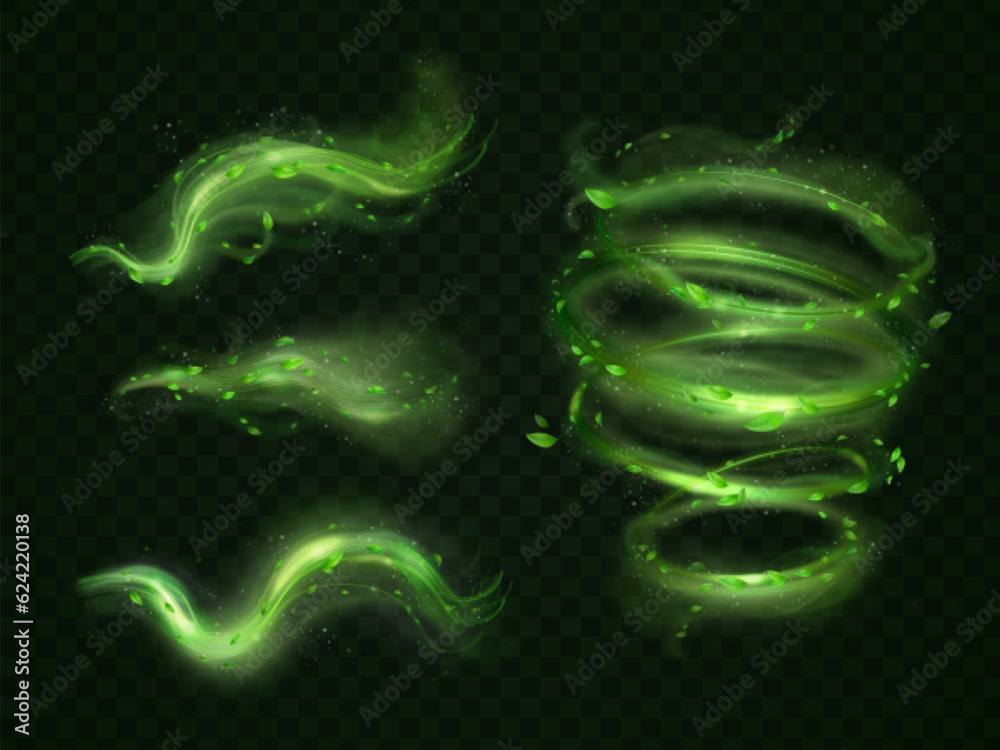 Magic leaf wind. Flying leaves natural effect with magical green glow ...