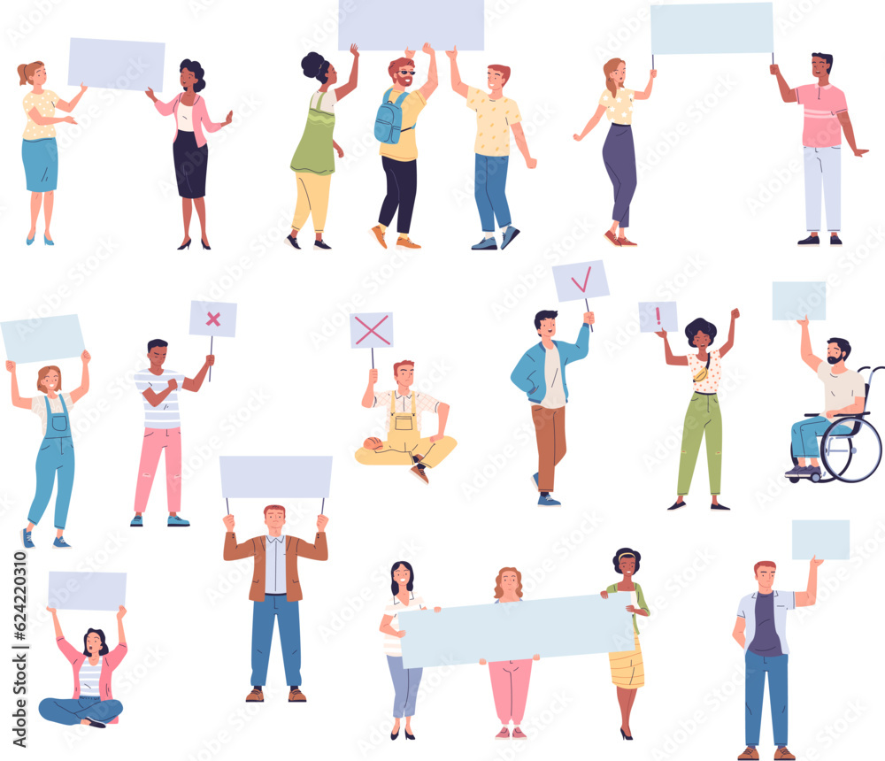 Protesters holding placards. People with protest signs banner or poster ...