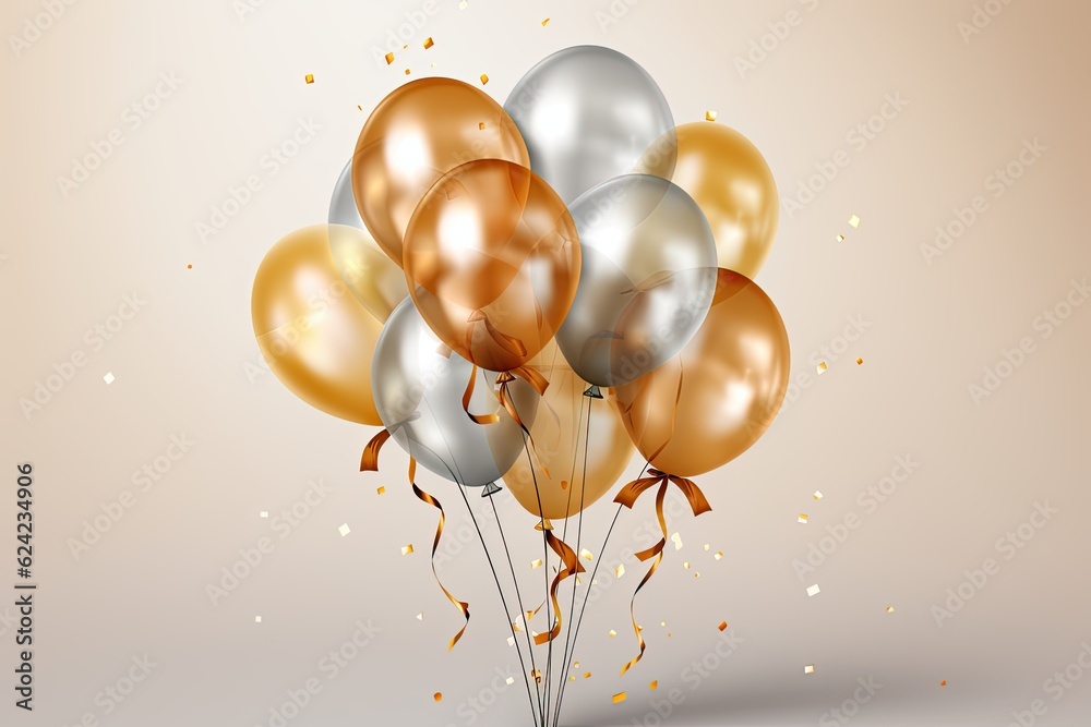 Golden ballons and gold ribbons Stock Photo | Adobe Stock