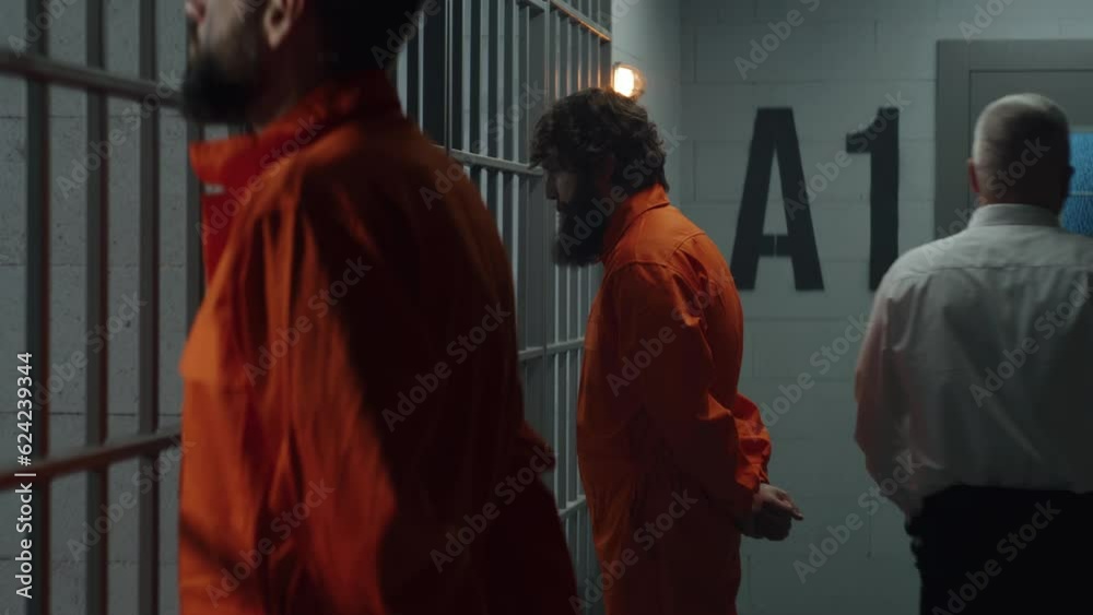 Two prisoners in orange uniforms stand facing the metal bars in front ...