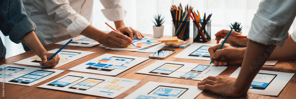 Panorama shot of front-end developer team brainstorming UI and UX ...