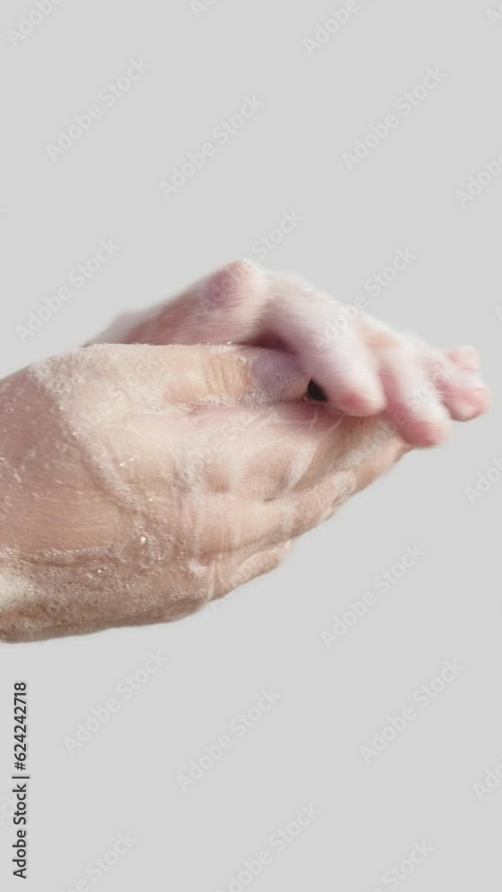 Vertical video. Hygiene habit. Microbe prevention. Woman washing hands ...