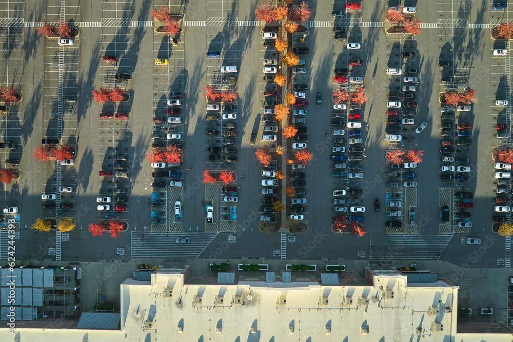 View from above of american grocery store with many parked cars on ...