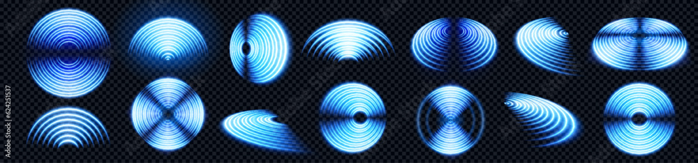 Realistic set of blue radio wave signal signs isolated on transparent ...