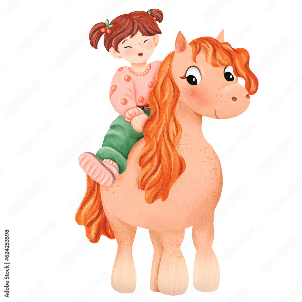 cute girl on pony. watercolor isolated. Little girl horse. Funny for ...