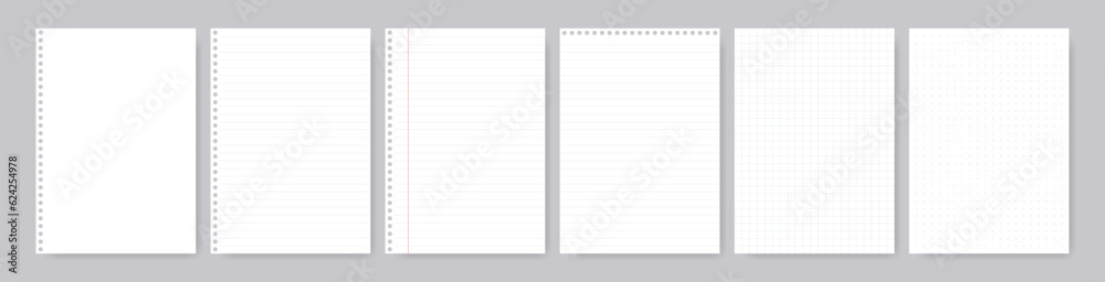Set of realistic blank notebook paper sheets with line, grid, dot and ...