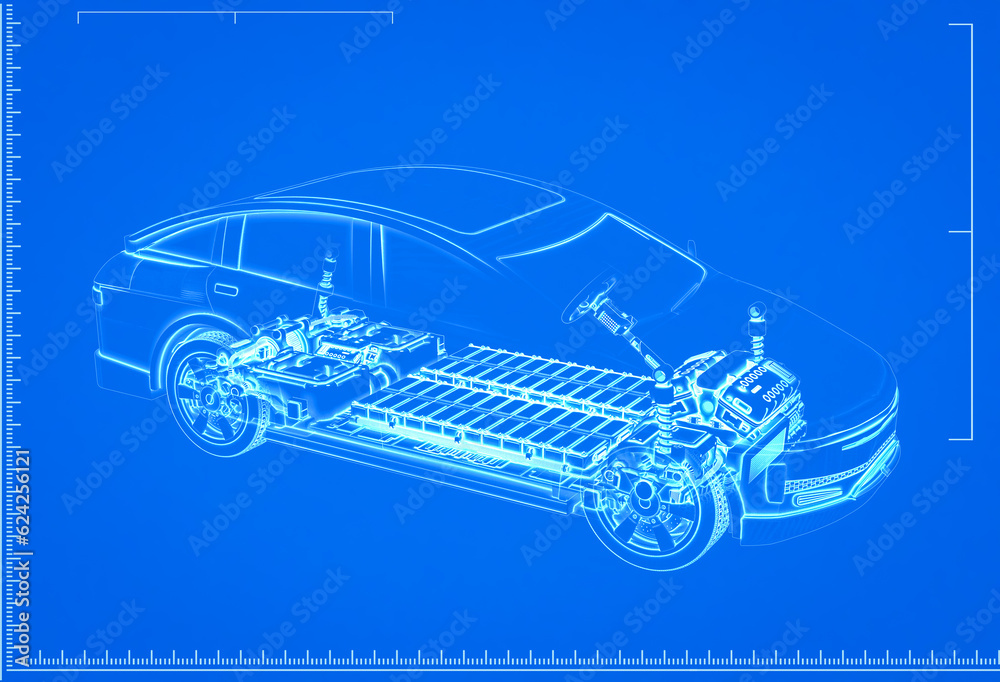 ภาพประกอบสต็อก Ev car or electric vehicle with pack of battery cells ...
