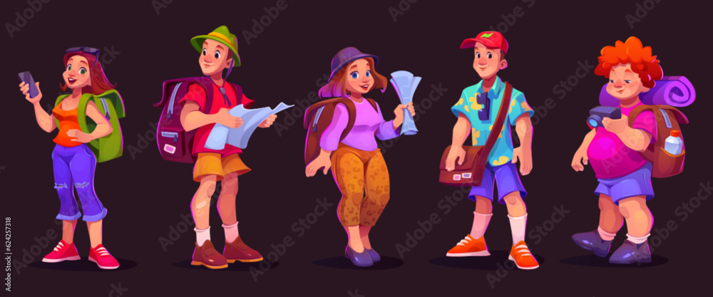 Cartoon set of male and female tourist characters isolated on ...