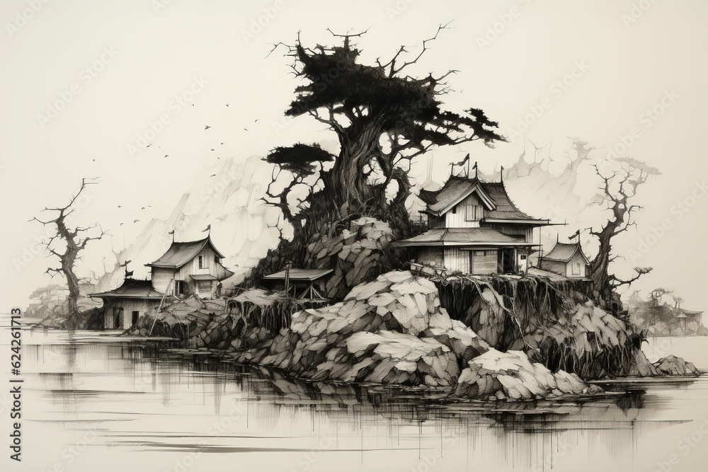 Ink on Paper Landscape. Generative AI. A digital illustration of a ...