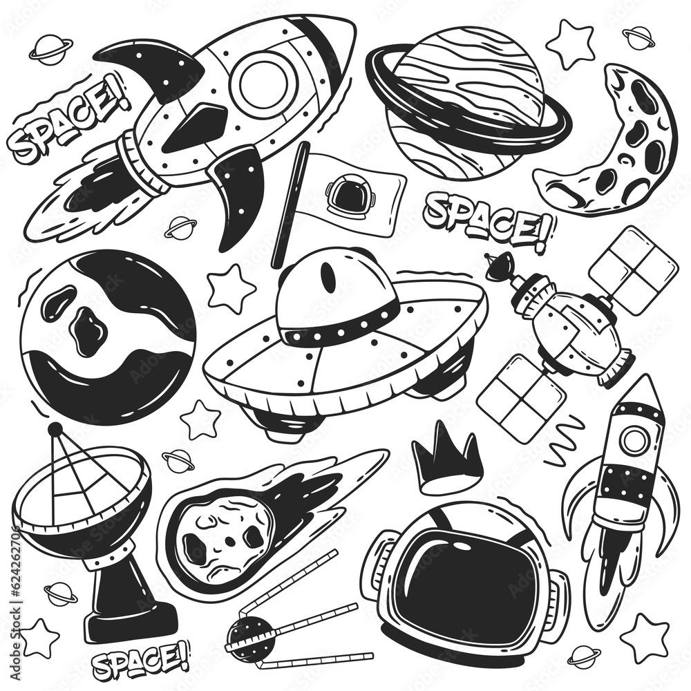 Hand drawn space vector collection, set of space vector elements ...