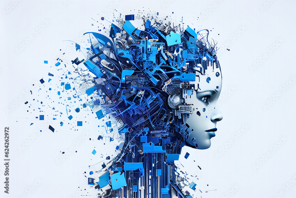 Realistic Artificial intelligence. Computer mind connections head ...