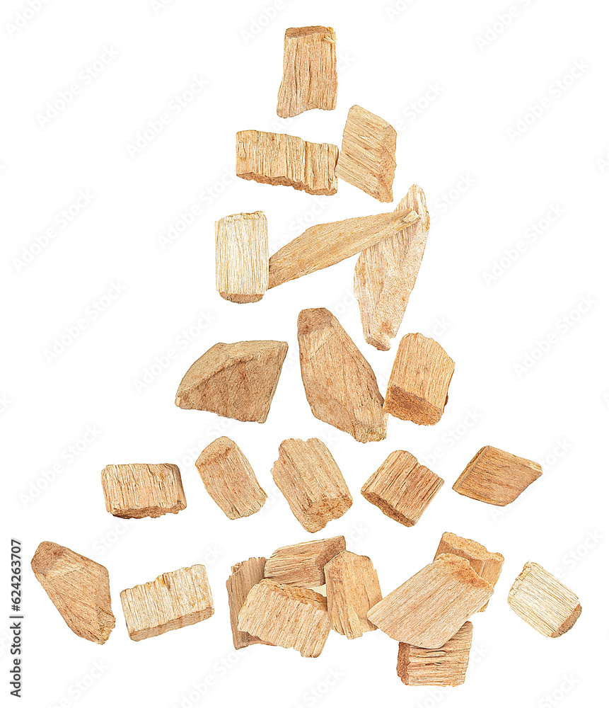 Wooden chips of pine tree isolated on a white background, top view ...