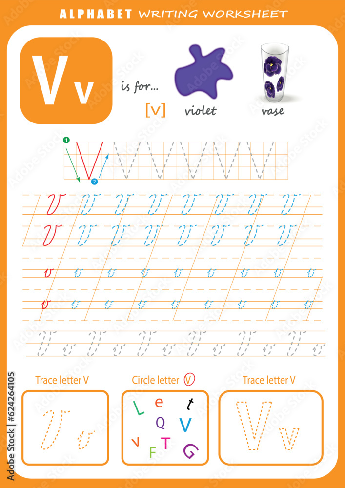 V letter handwriting practice worksheet. Alphabet letter tracing ...