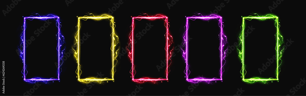 Neon lightning effect electric glow frame vector. Magic spark border ...