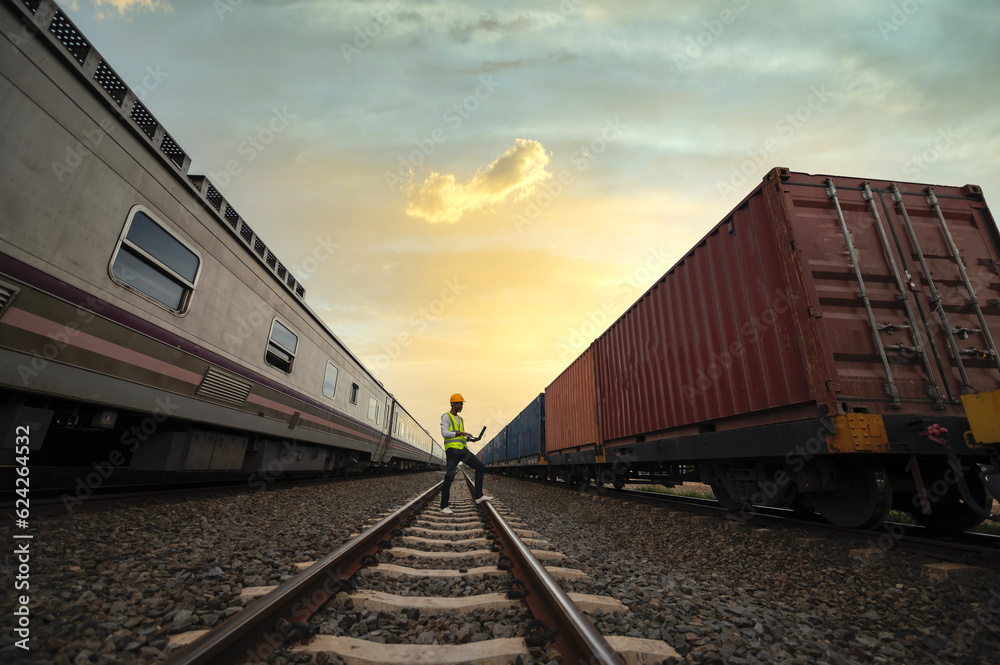 Engineer inspects container train of transport company Distribution and ...
