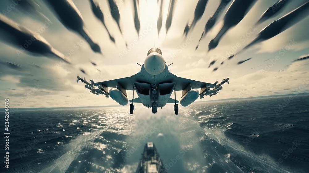 Front view of a military jet fighter landing on the deck of an aircraft ...