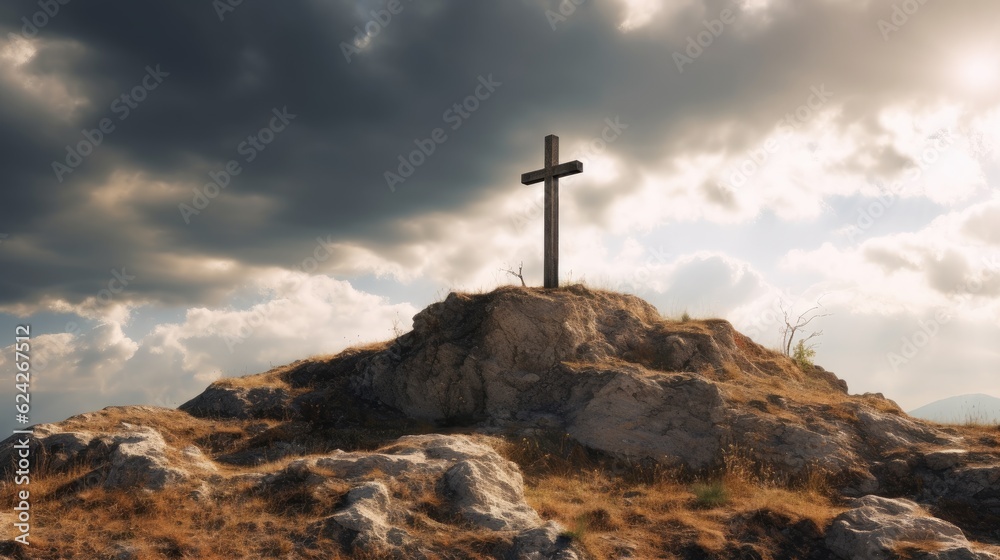 Holy cross symbolizing the death and resurrection of Jesus Christ with the sky over Golgotha ...