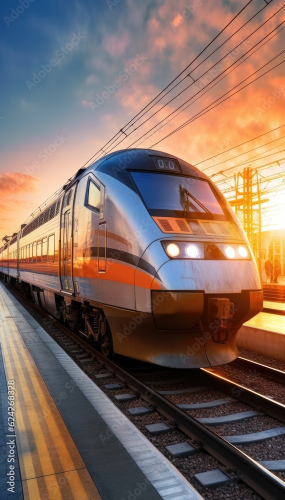 High speed train in motion on the railway station at sunset. Fast ...