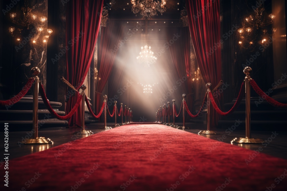 Red carpet rolling out in front of glamorous movie premiere background ...