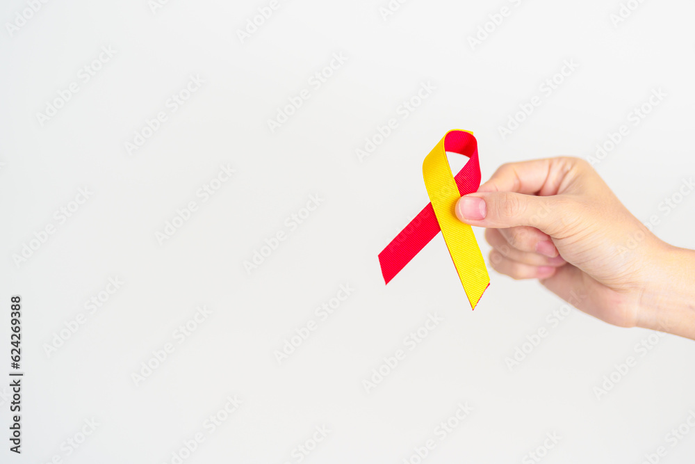 woman holding Red and Yellow ribbon. World hepatitis day awareness ...