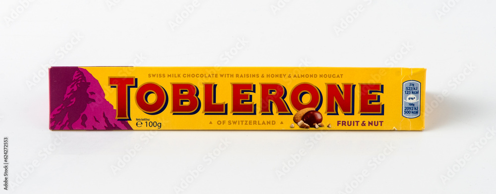 Toblerone Swiss chocolate bar with nuts. New package with mountain logo ...