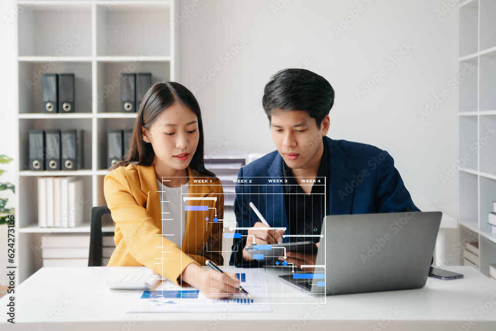 Zdjęcie Stock: Project manager working and update tasks with milestones ...