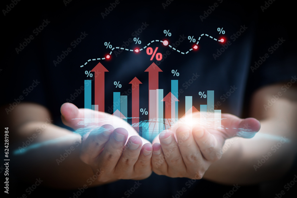 Interest rate and dividend concept. Businessman with percentage symbol ...