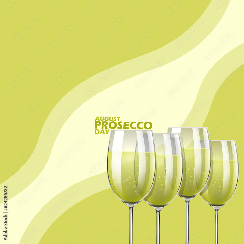 Four glasses of Prosecco sparkling wine, with bold text on yellow ...