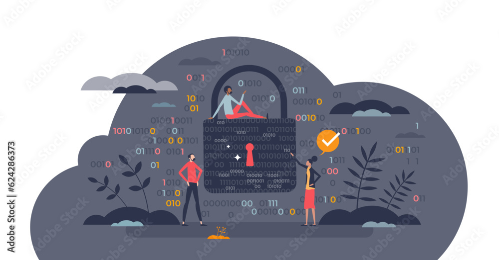 Cybersecurity and cyberspace data safety protection tiny person concept, transparent background ...