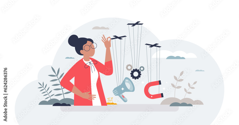 Digital marketing strategies and influence tactics tiny person concept ...