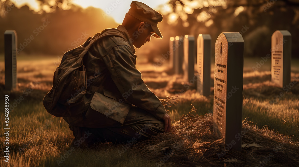 Military man kneeling of grave fallen soldier, sunset. Concept veteran ...