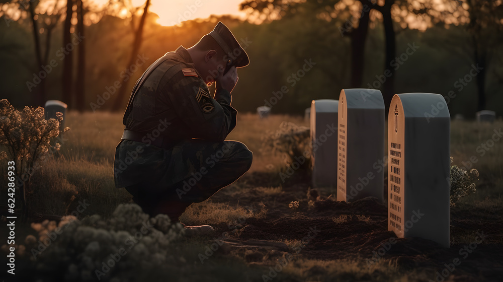 Military man kneeling of grave fallen soldier, sunset. Concept veteran ...