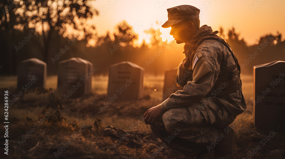 Military man kneeling of grave fallen soldier, sunset. Concept veteran ...