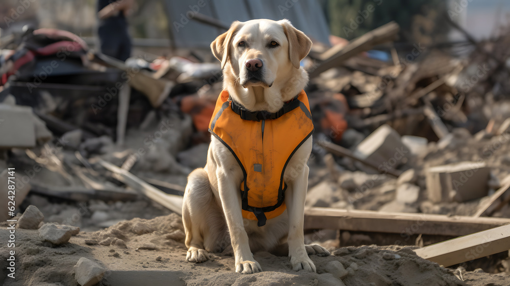 Rescue service dog working destroyed houses after the earthquake ...
