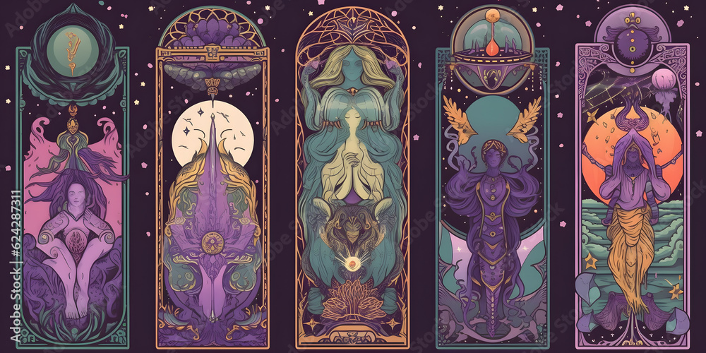 Set Magic color occult cards. Vintage mystic tarot cards with icon ...