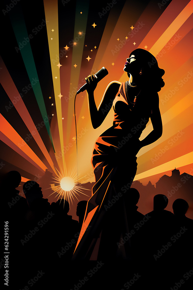Silhouette of a female diva vocalist singing with a microphone which is ...