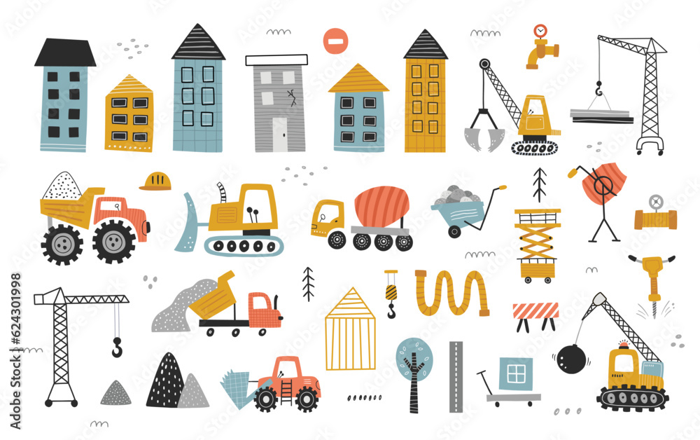 vector set of cute construction elements Stock Vector | Adobe Stock