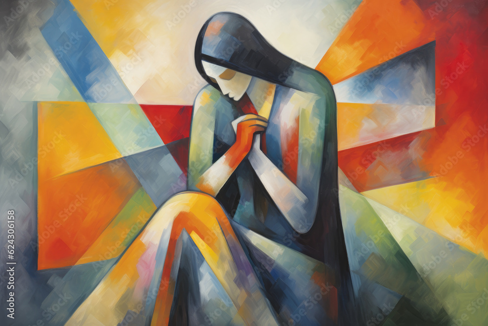 Digital painting of a woman praying in front of a colorful background ...