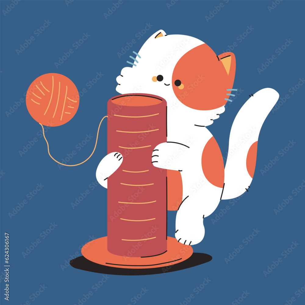 Cute cat with scratching post vector cartoon character isolated on ...