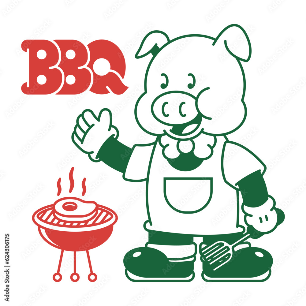 Barbeque mascot with pig character cooking on grill vector cartoon ...