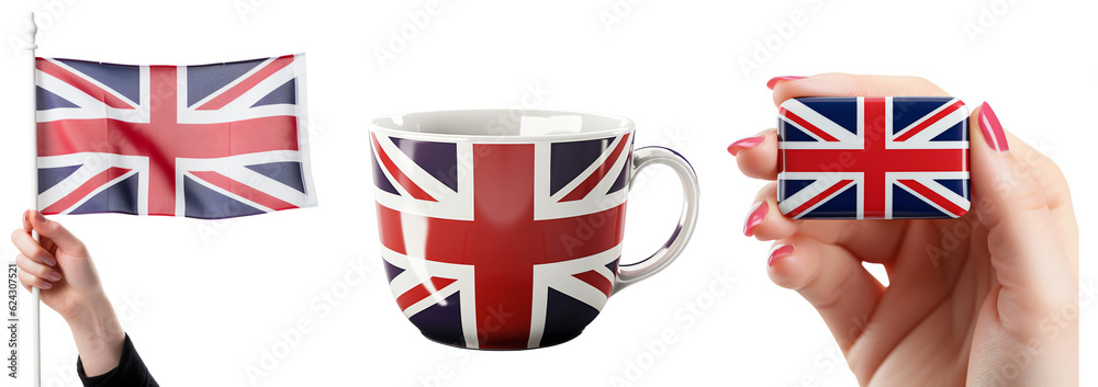 Great Britain flag set. UK symbols design elements. Mug with UK flag ...